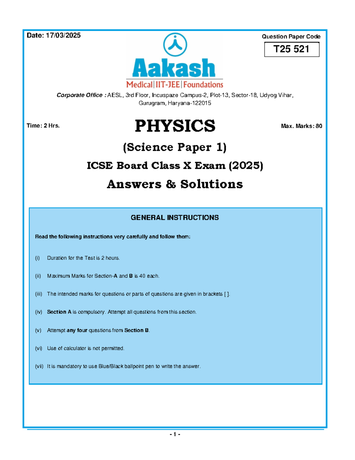 Ans and Solutions for Physics Science Paper 1 (T25 521) - ICSE Class X ...