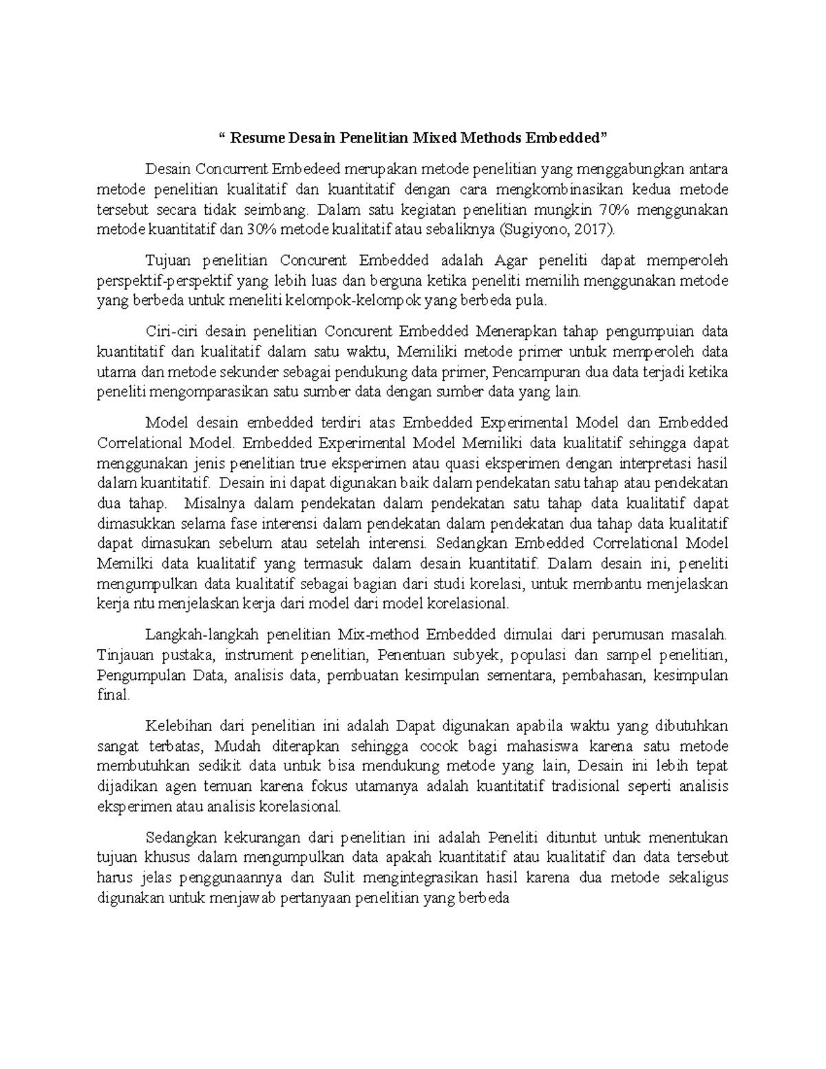 Nama10 - rangkuman desain penelitian - “ Resume Desain Penelitian Mixed Methods Embedded” Desain ...