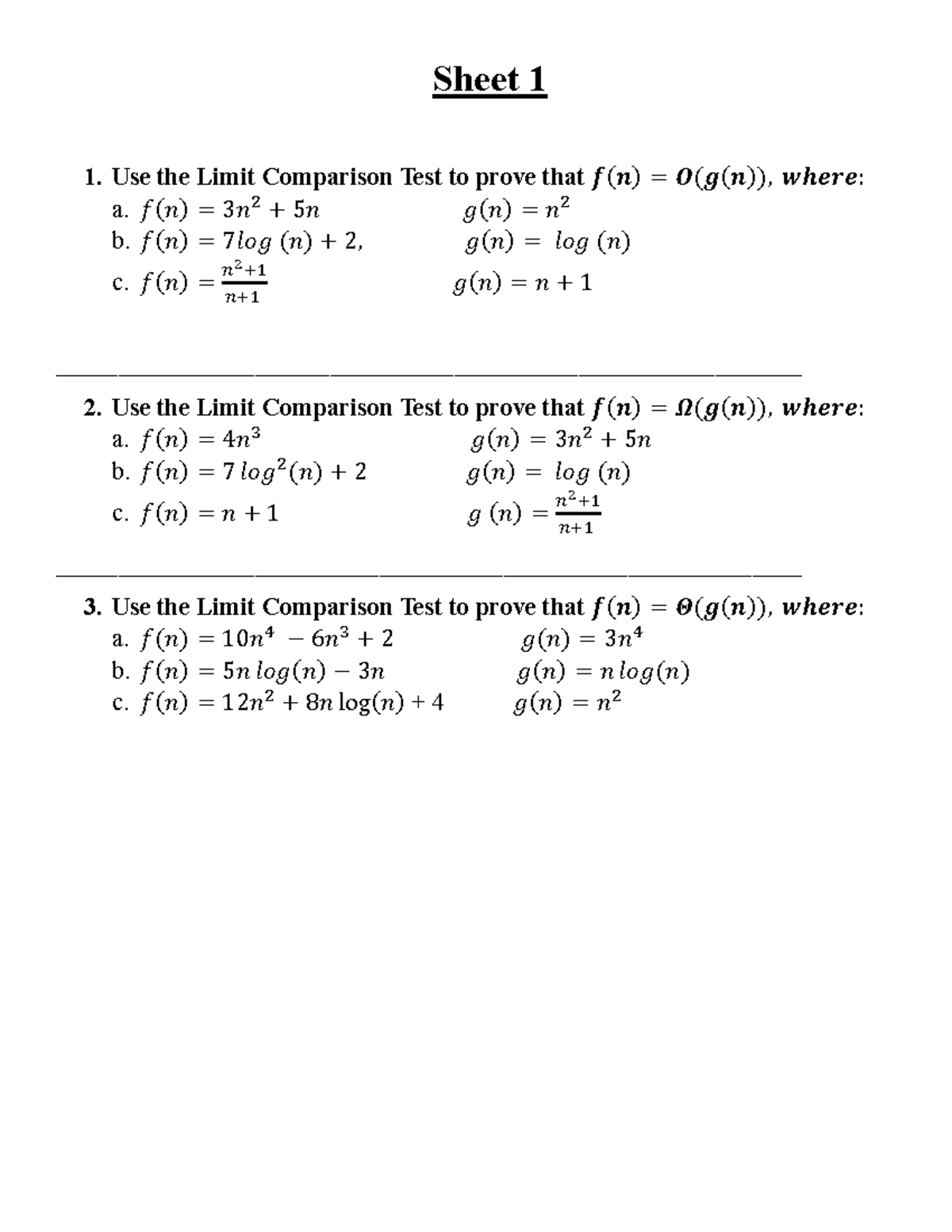 Sheet 1 - Sheet 1 Use the Limit Comparison Test to prove that 𝒇 ( 𝒏 ...