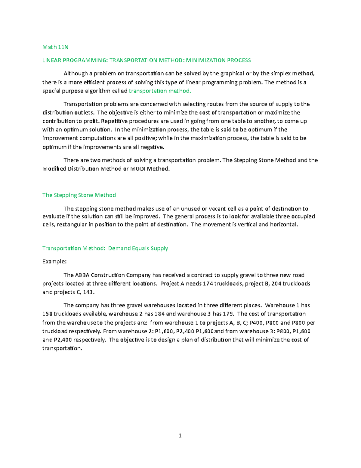 Math 11N - Stepping Stone Method for Transportation Problem Minimization - Studocu