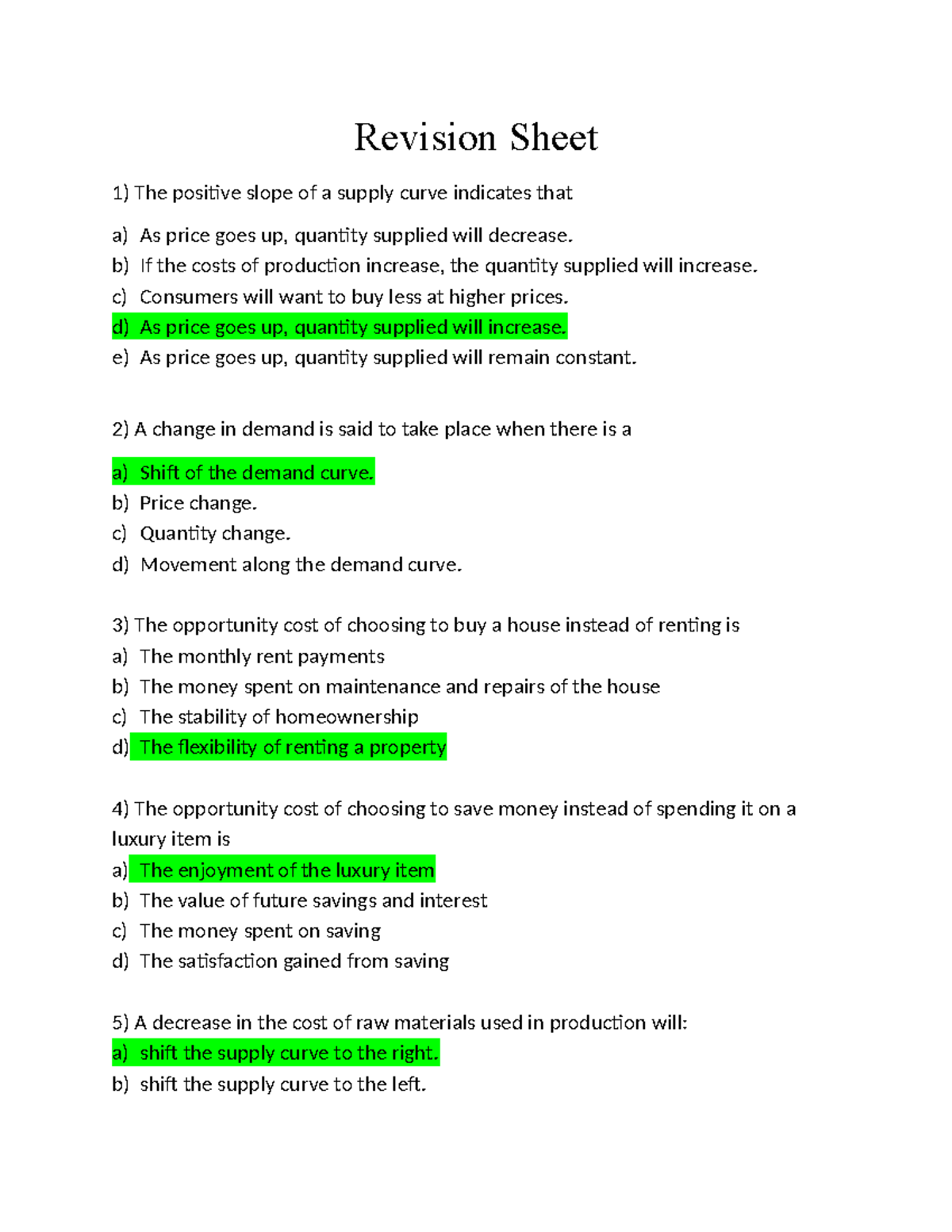 ECO 101: Supply and Demand Concepts Revision Sheet - Studocu