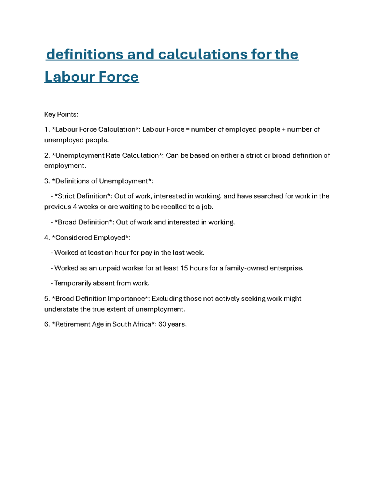 Labour Force Definitions & Calculations: Key Points Overview - Studocu