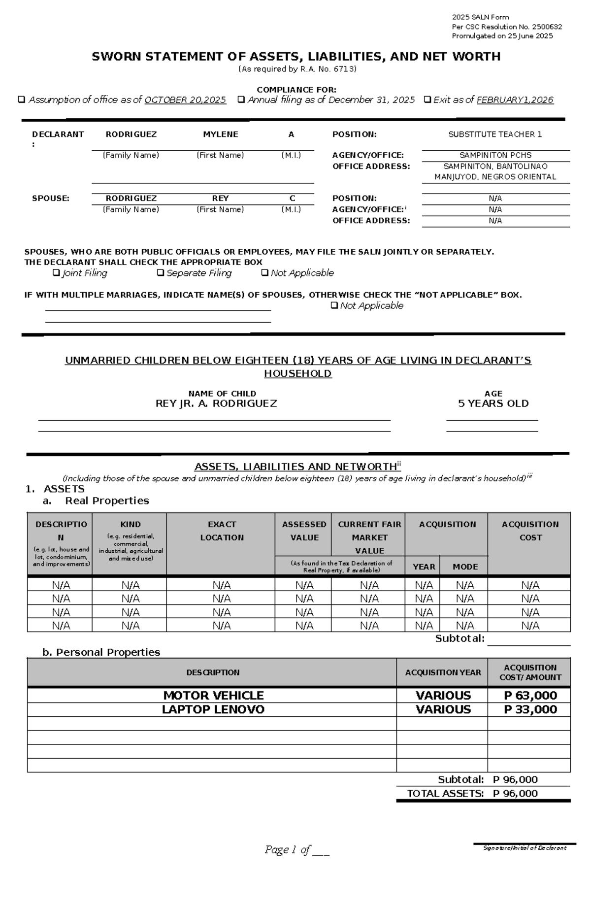 2025 SALN Form Submission for Substitute Teacher 1 - Rodriguez M. A ...