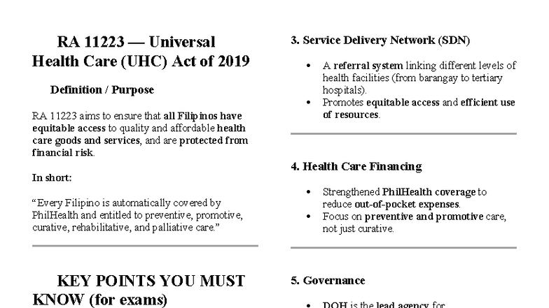 🇵🇭 RA 11223 - UHC Act of 2019 Key Points for Nursing Exams - Studocu