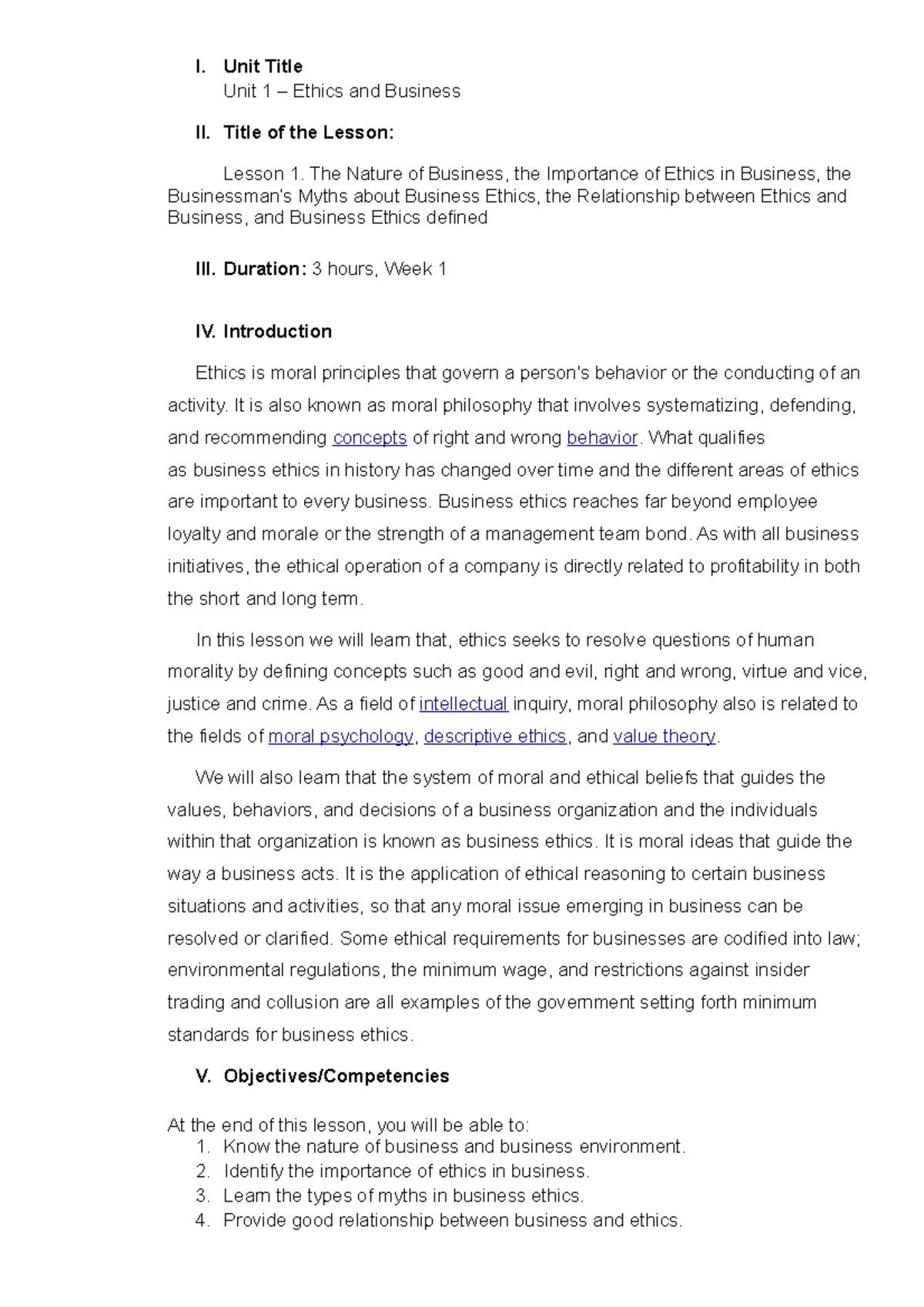 Unit 1 - Good Governance and Social Responsibility - I. Unit Title Unit ...