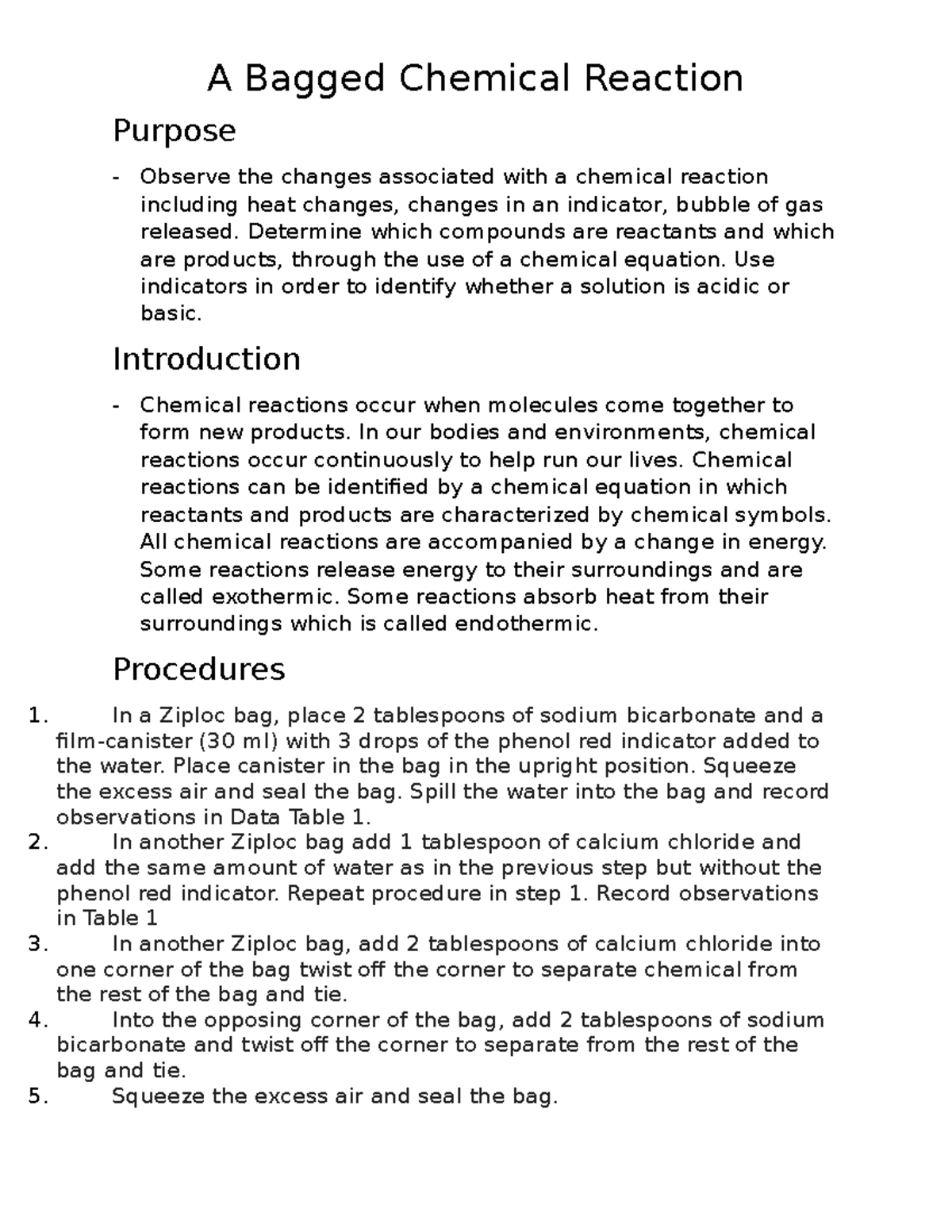 Lab Report: A Bagged Chemical Reaction (Chem 101) - Studocu