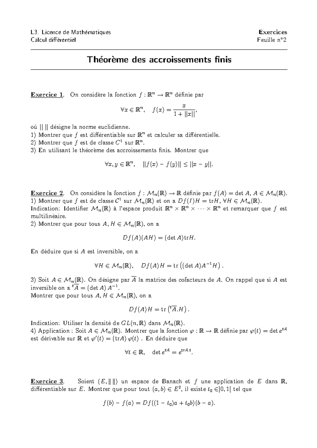 TD de Calcul Différentiel L3 – Série 2: Exercices et Solutions - Studocu