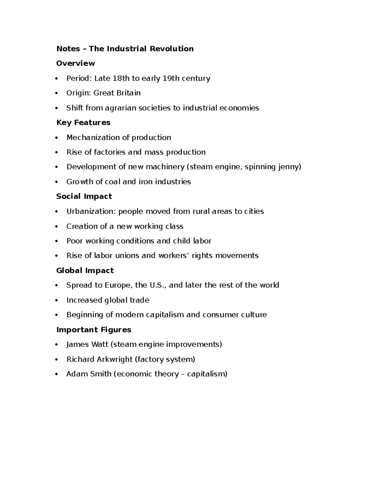Notes on the Industrial Revolution (HIST 101) - Overview and Impact ...
