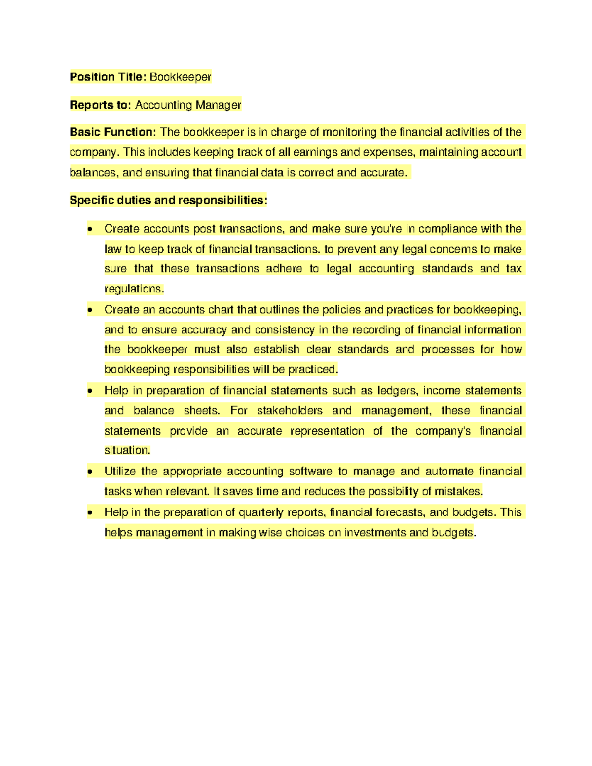 03-TASK- Performance- Group-2 - Position Title: Bookkeeper Reports to: Accounting Manager Basic ...