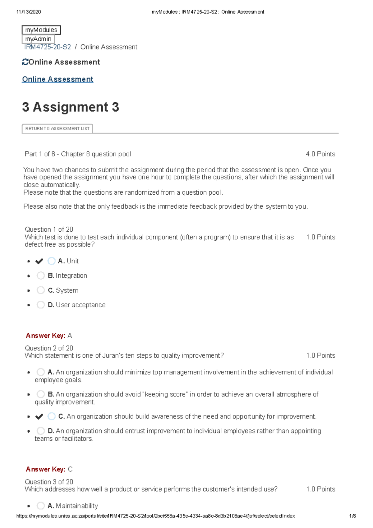 My Modules IRM4725-20-S2 Online Assessment 3: Question Pool Review ...