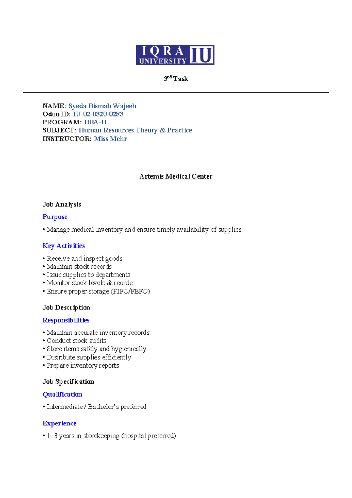 HRTP - Job Analysis: Medical Inventory Management Basics - Studocu