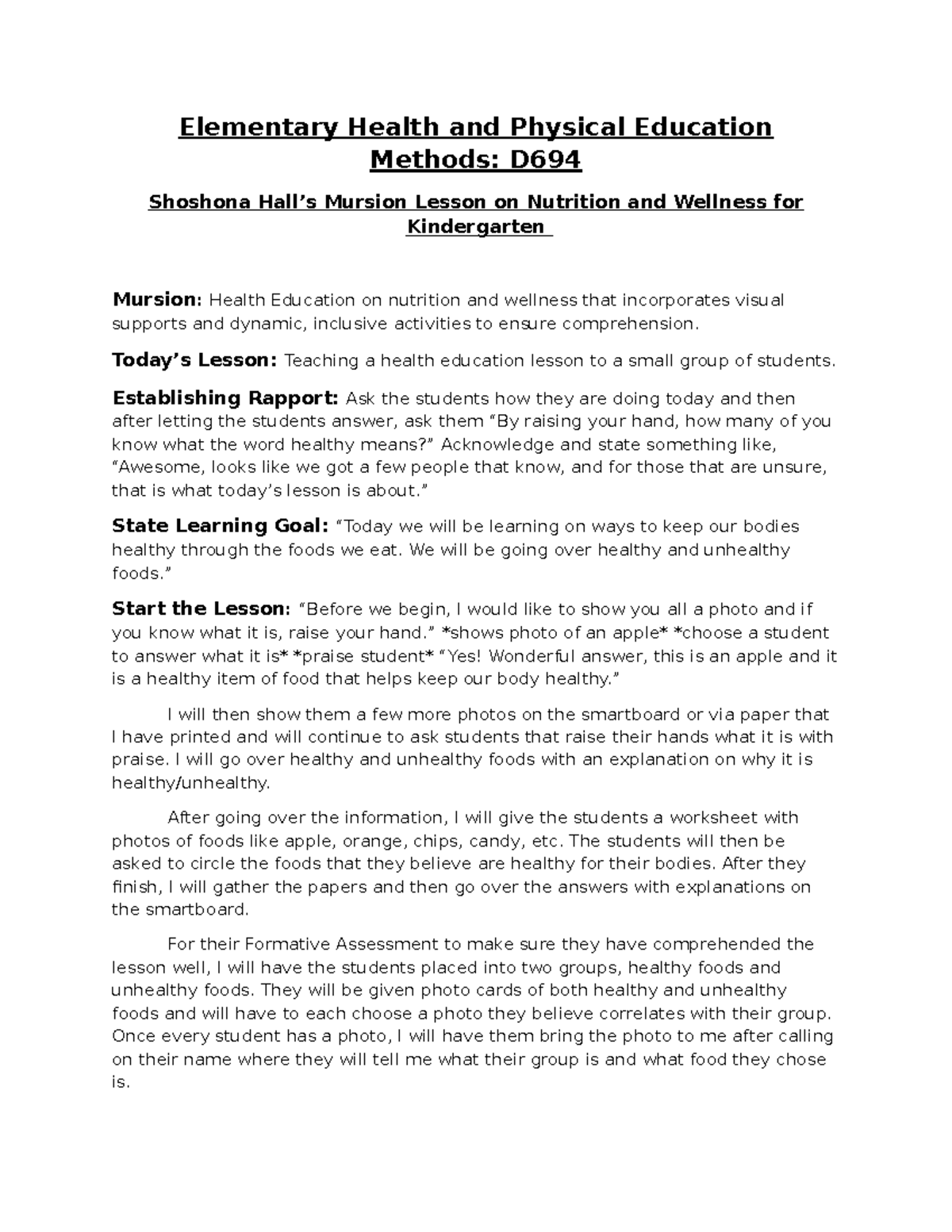 D694: Kindergarten Nutrition & Wellness Lesson Plan - Studocu