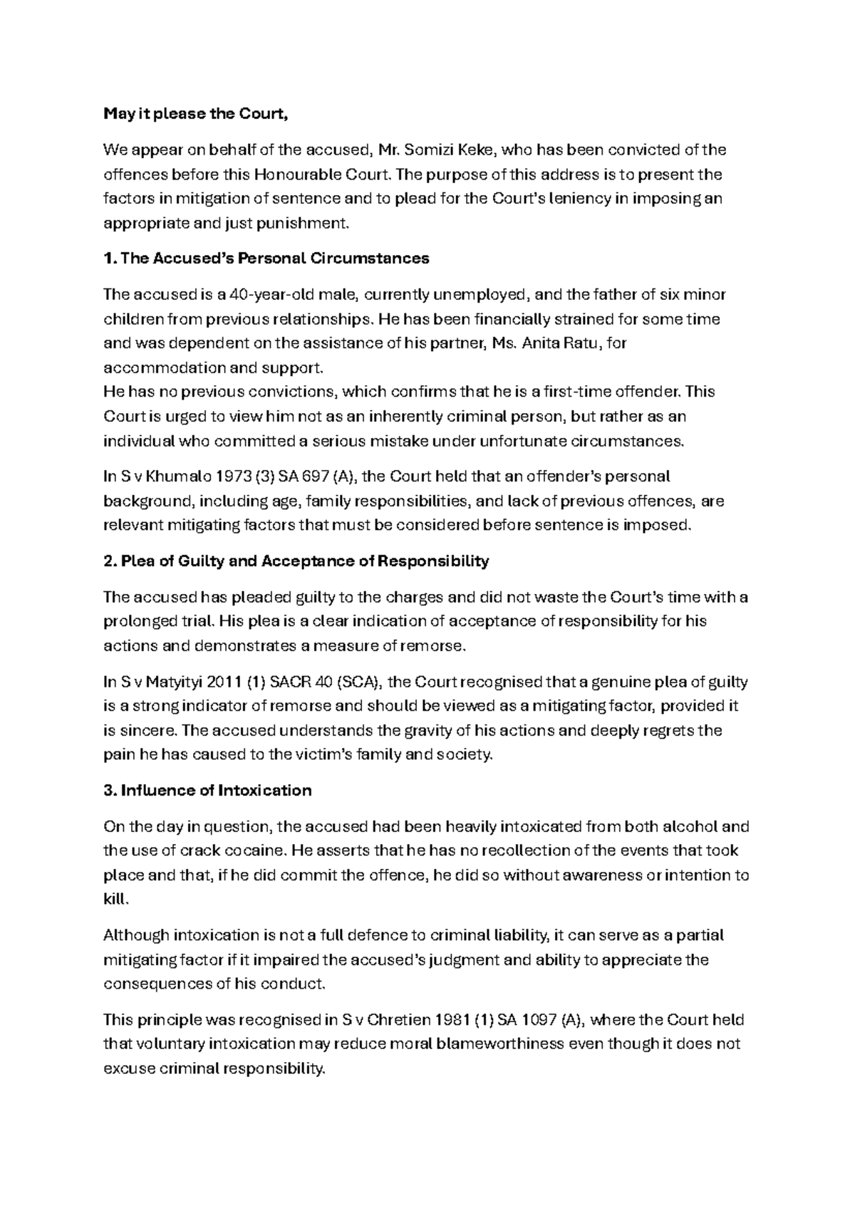 Mitigating Factors in Sentencing: Case Study of Mr. Somizi Keke - Studocu