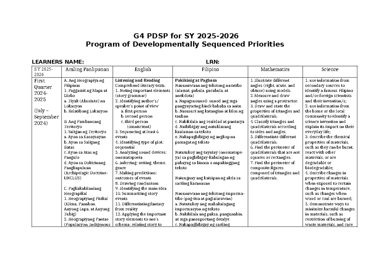 G4 PDSP Program for SY 2025-2026: Developmentally Sequenced Priorities ...