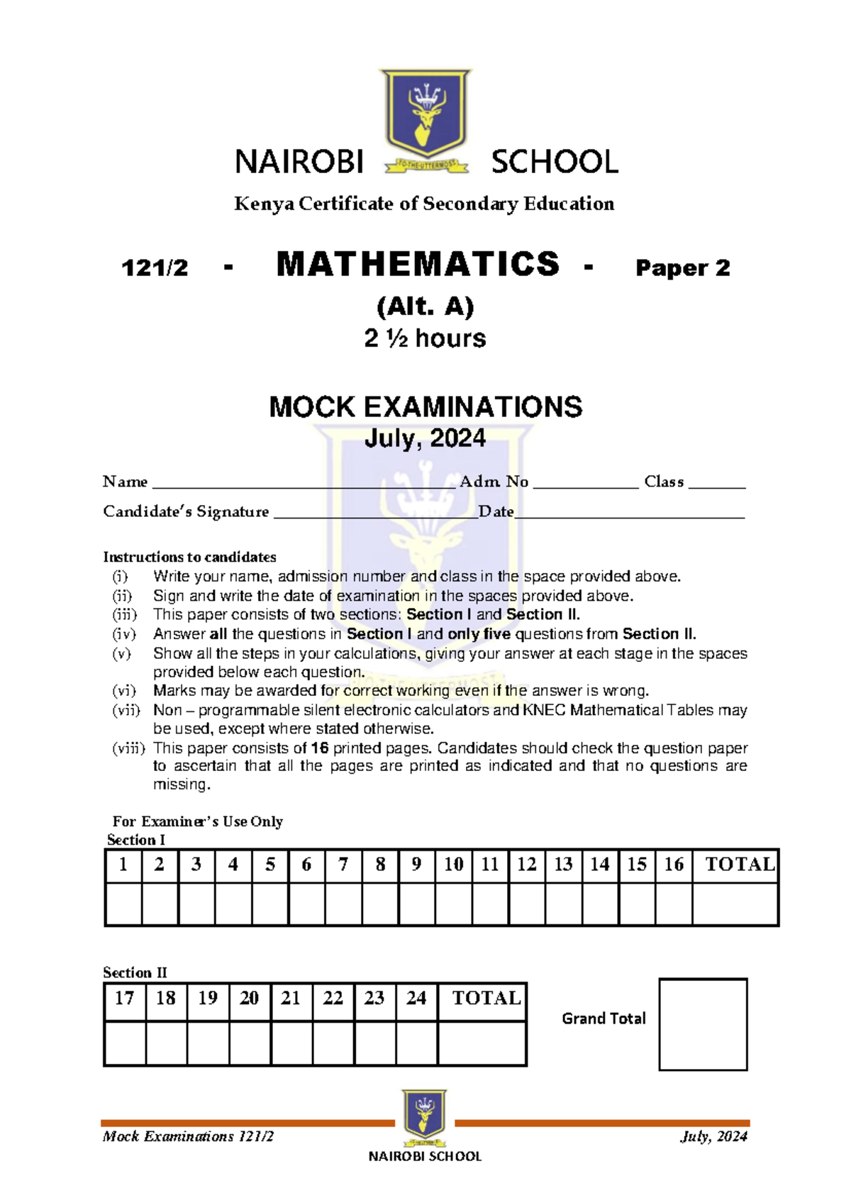 NAIROBI SCHOOL KCSE MATHEMATICS Paper 2 Mock Exam July 2024 - Studocu