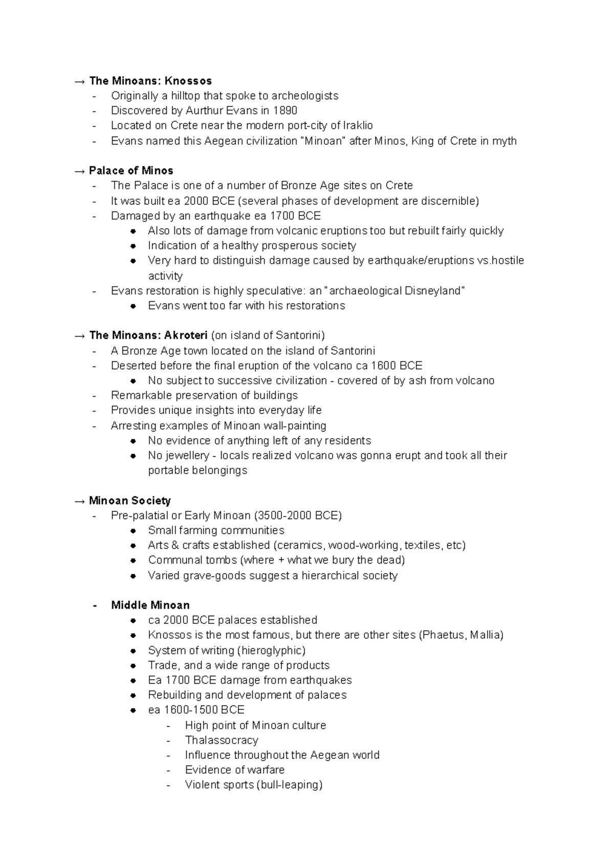 Classics 1000: Week 2 Notes on Minoan and Mycenaean Civilizations - Studocu