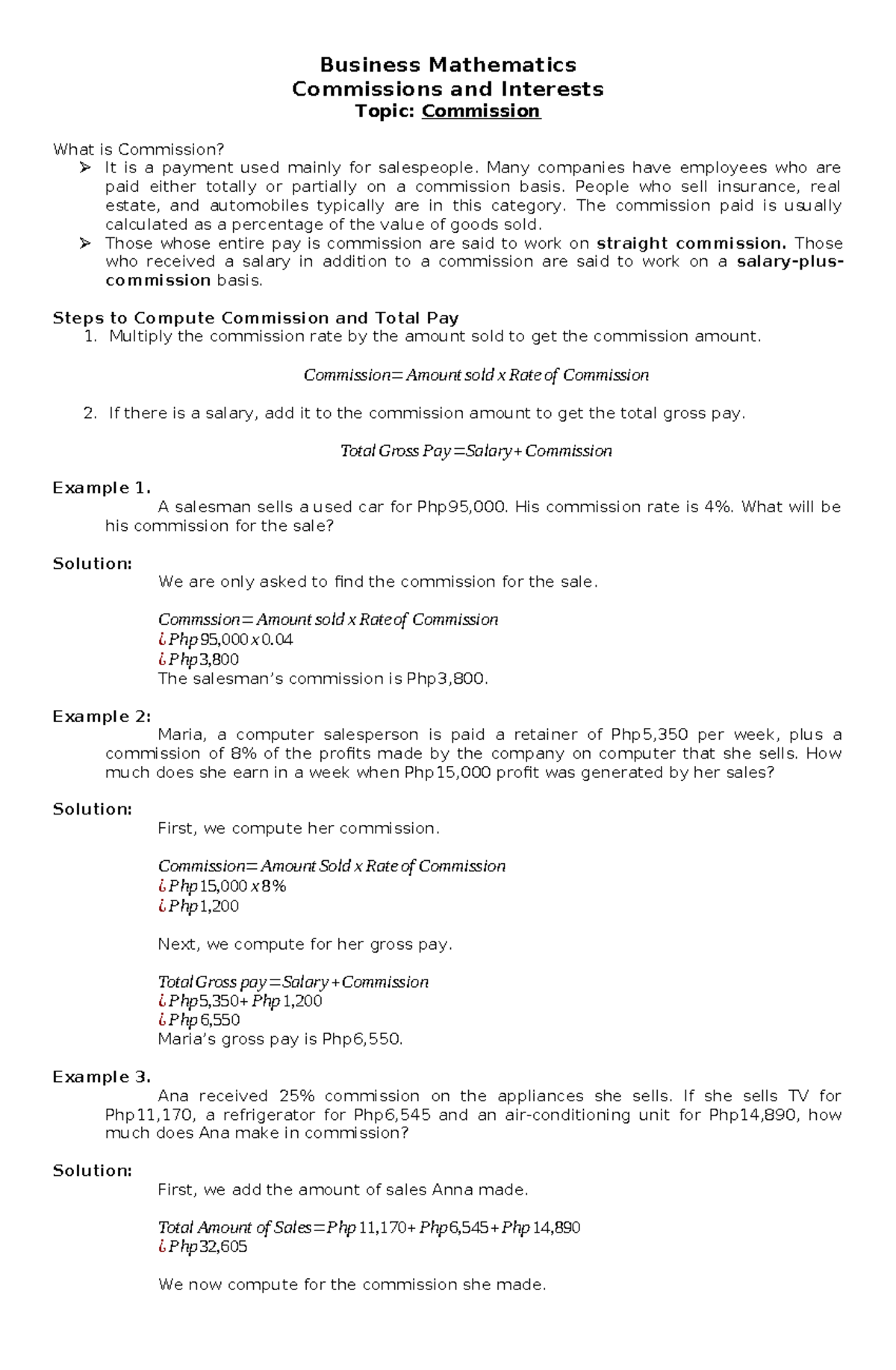 Commission - Lecture notes for Business Math - Business Mathematics ...