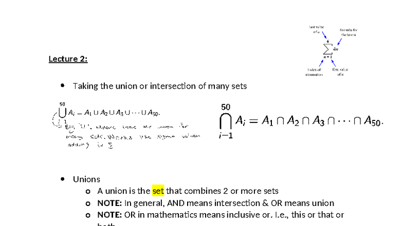 Lecture 2: Unions, Intersections, and Set Notation - Studocu