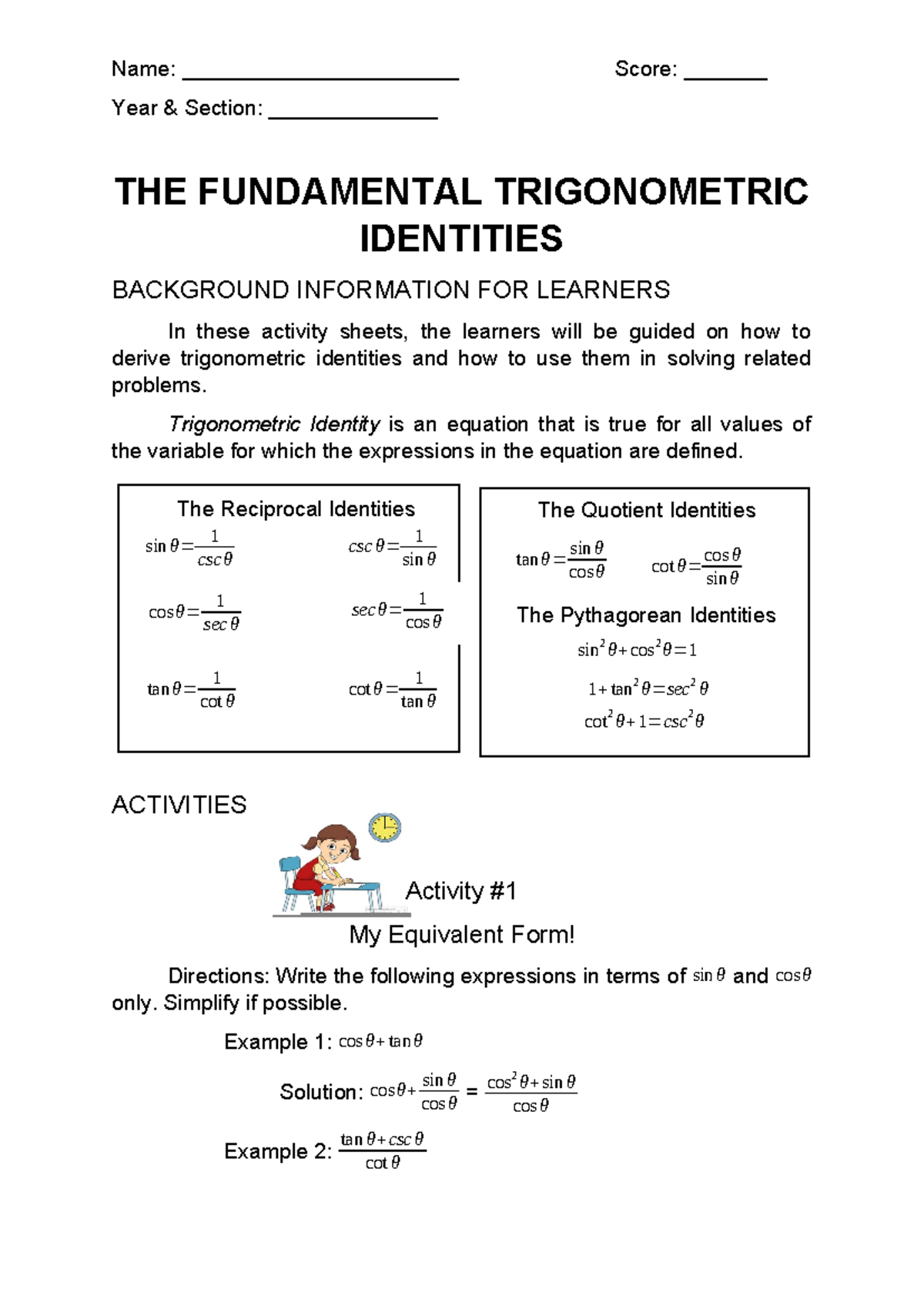 Fundamental Trigonometric Identities - Activity Guide - Studocu