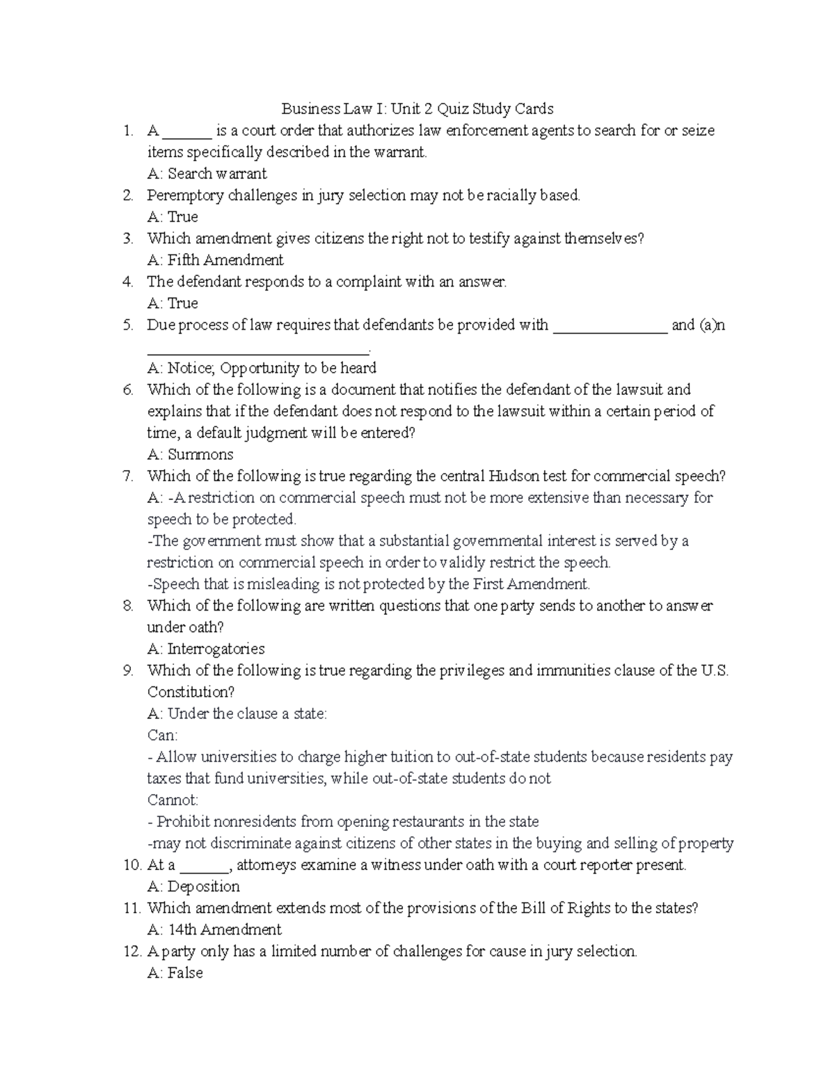 Business Law I Unit 2 Quiz Study Cards - A: Search warrant Peremptory ...