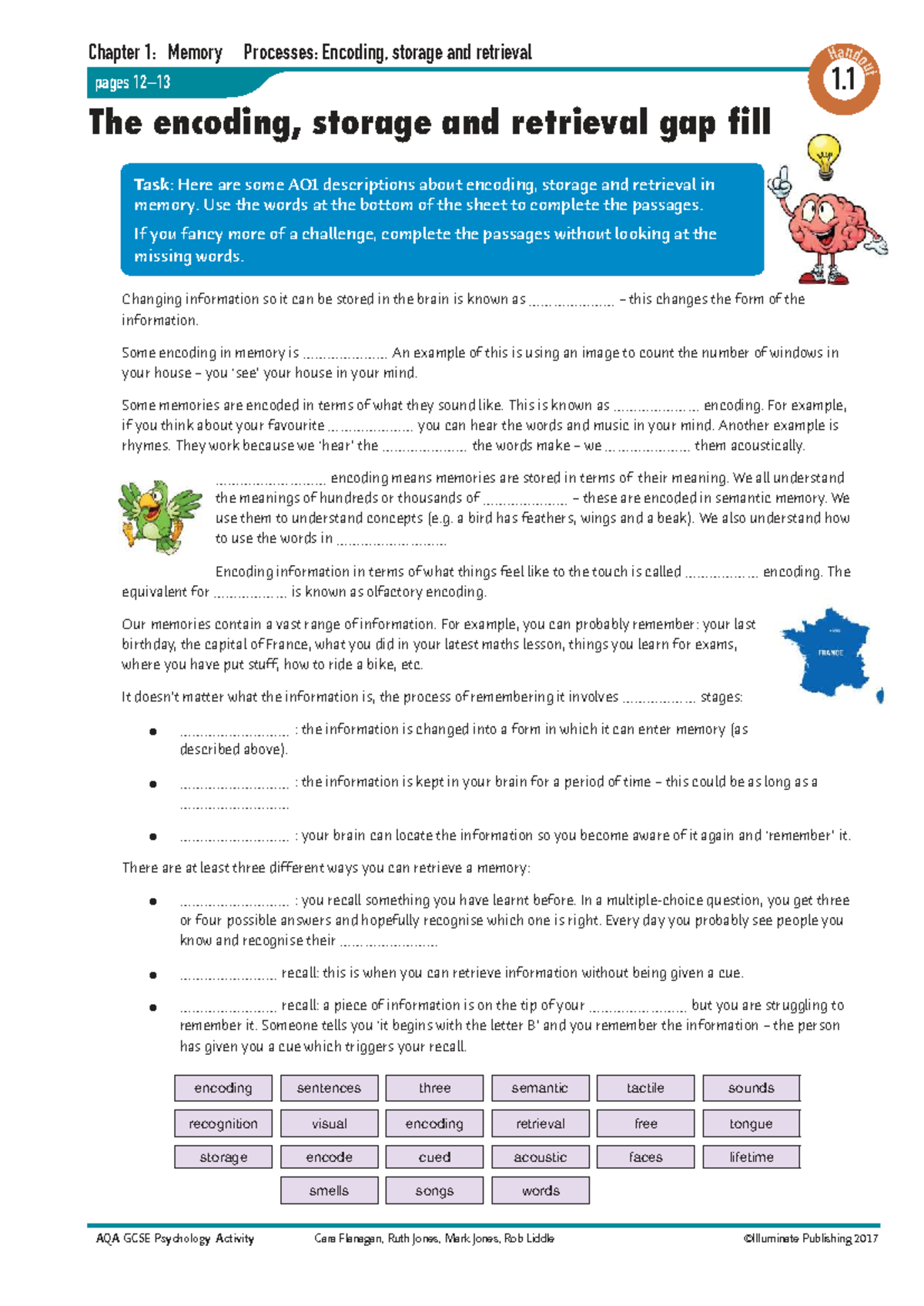 AQA GCSE Psychology: Chapter 1 - Memory Processes Gap Fill Activity ...