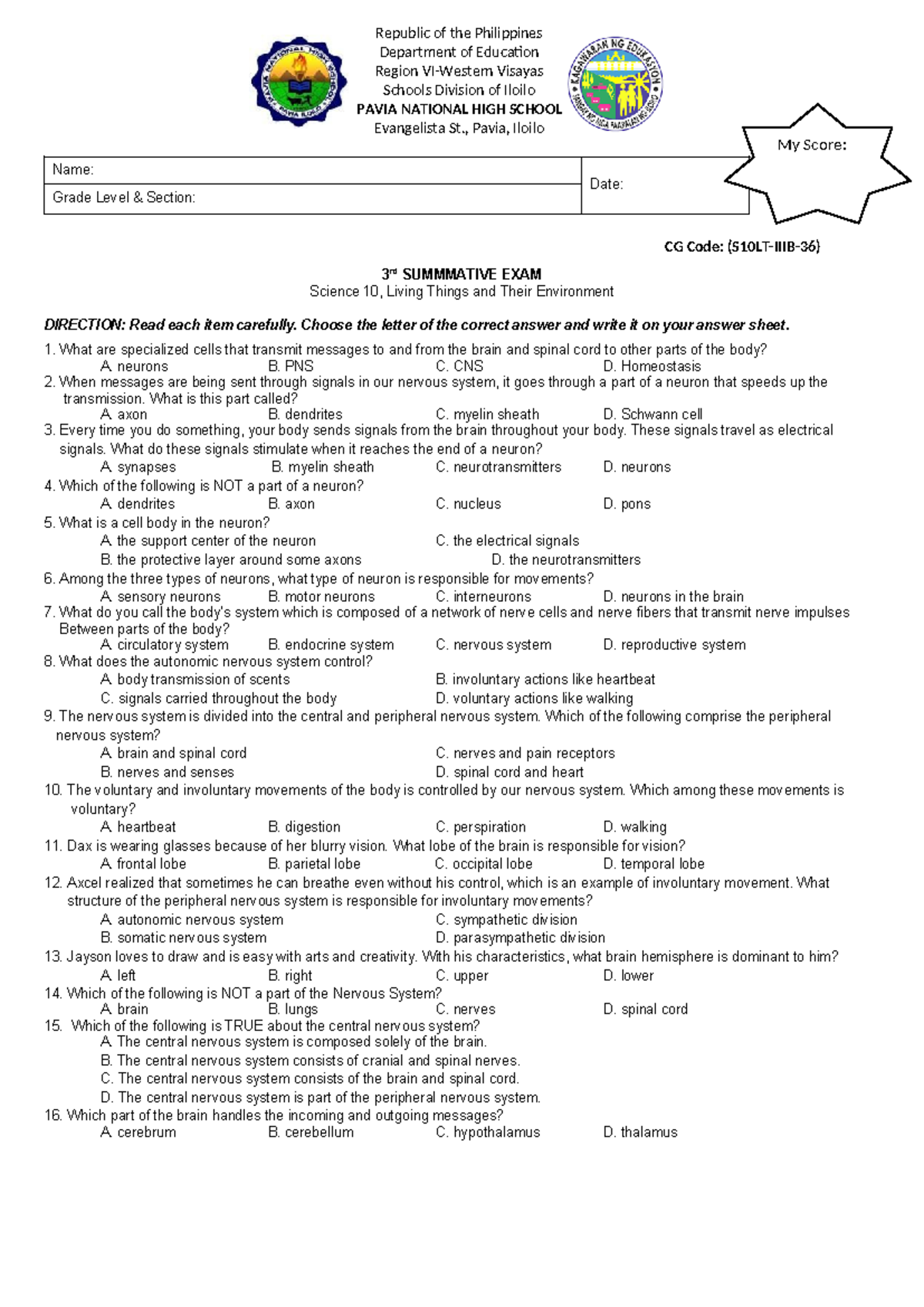 3rd-Summative-test Nervous - Name: Date: Grade Level & Section: 3 rd ...