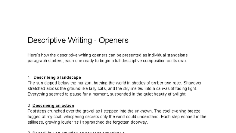Descriptive Writing Openers: Standalone Starters for Compositions - Studocu