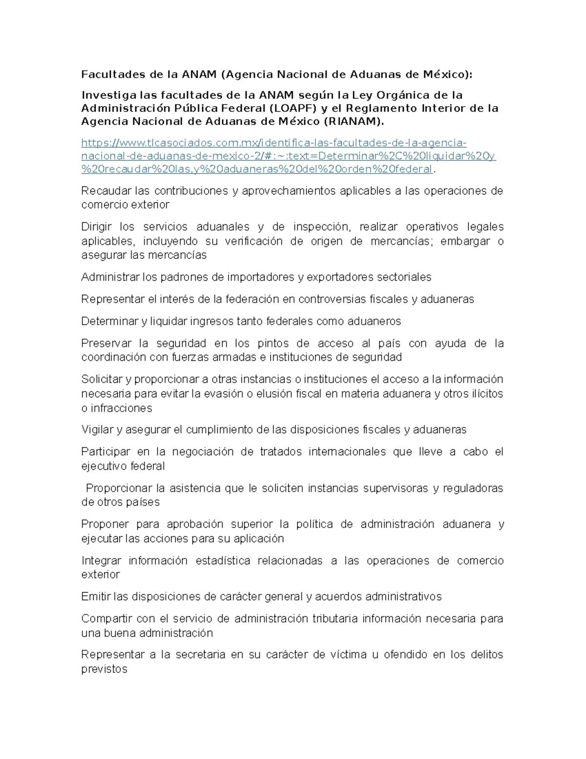 Facultades de la ANAM y SEMAR en Aduanas: Análisis LOAPF y RIANAM - Studocu