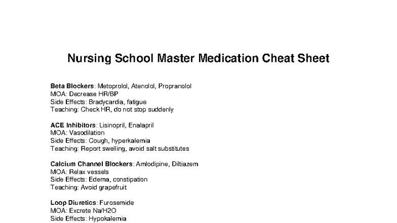 Nursing School Medication Cheat Sheet: Key Drug Classes & Info - Studocu