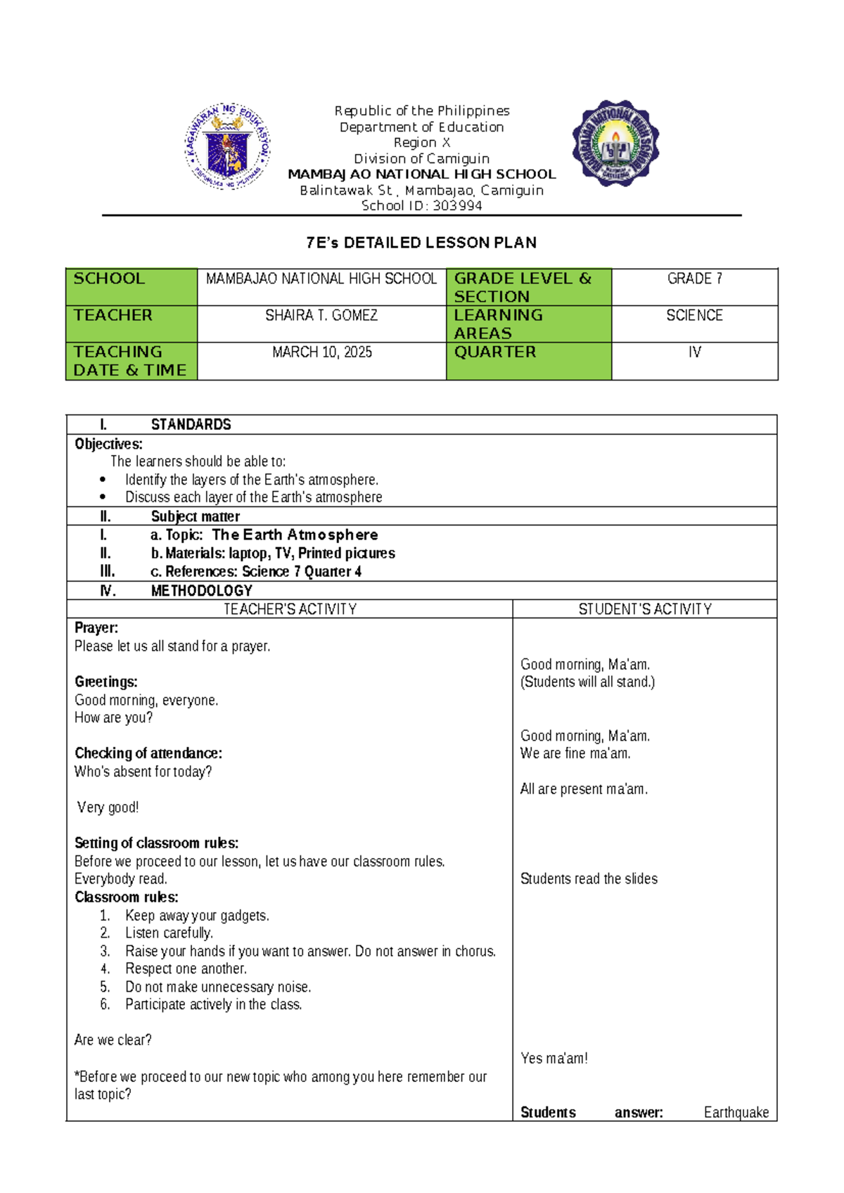 Detailed Lesson Plan: Layers of the Atmosphere - Grade 7 Science - Studocu