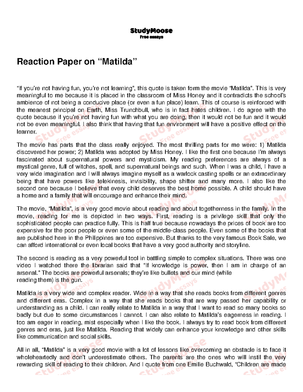 Reaction Paper on “Matilda” - This is very meaningful to me because it ...