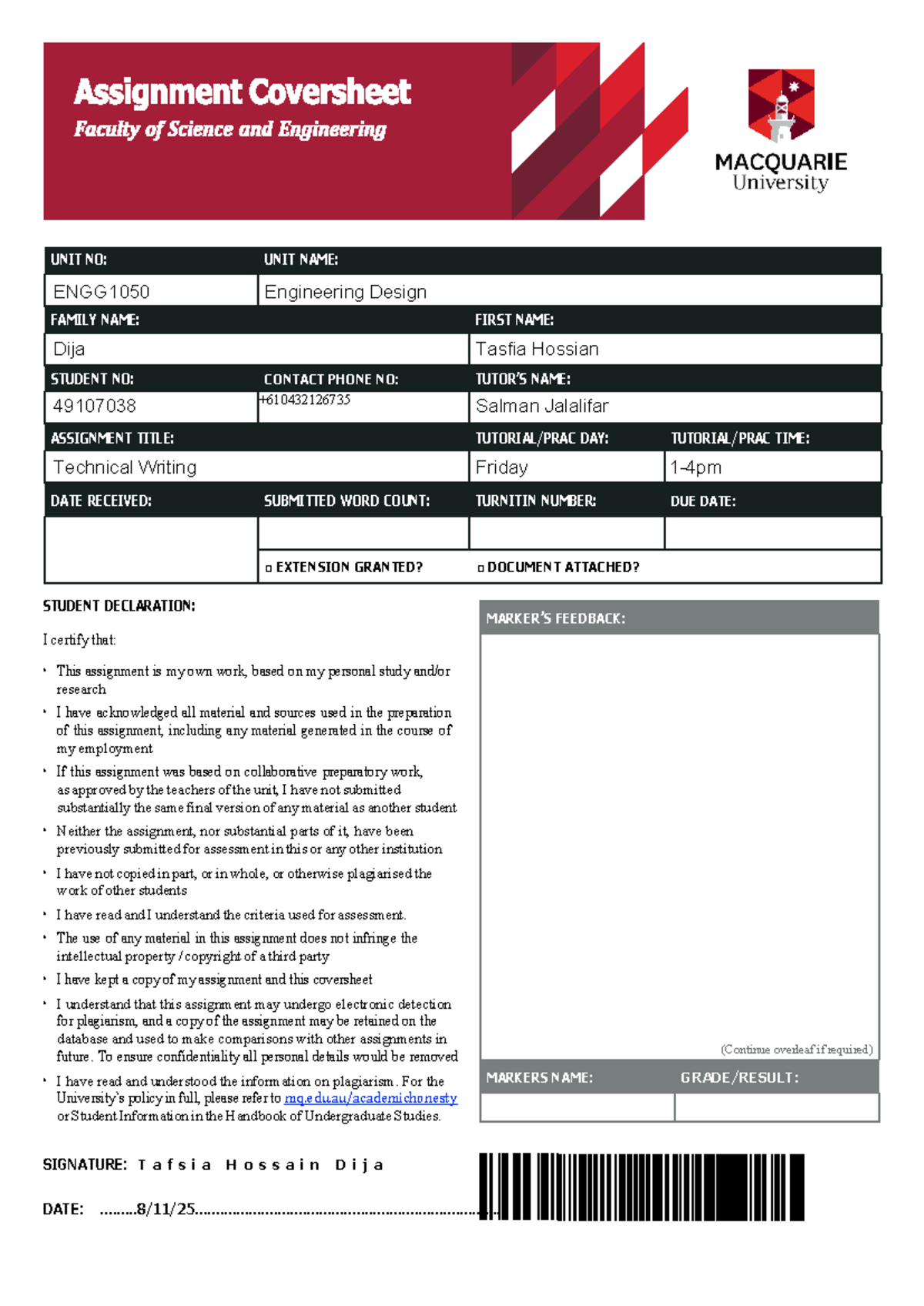 ENGG1050 Technical Writing Assignment Cover Page - Studocu