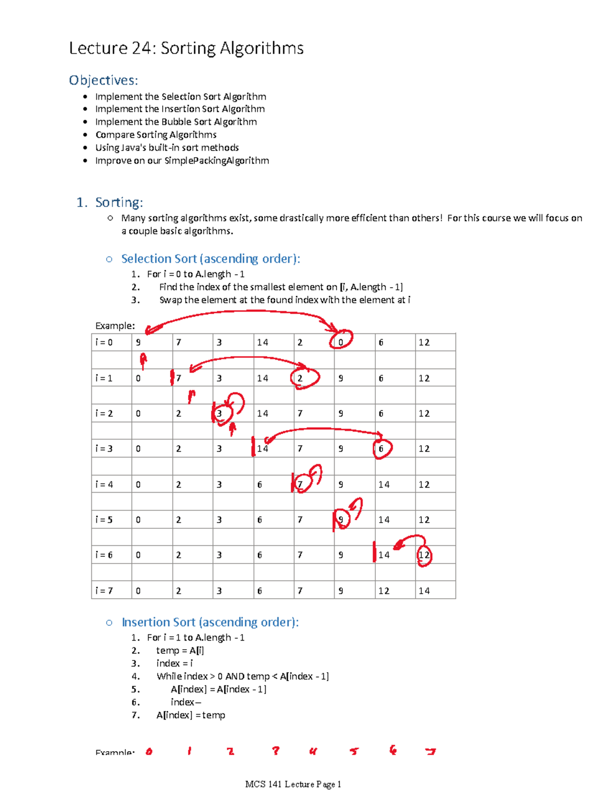 MCS 141 Lecture: Sorting Algorithms Overview - Studocu