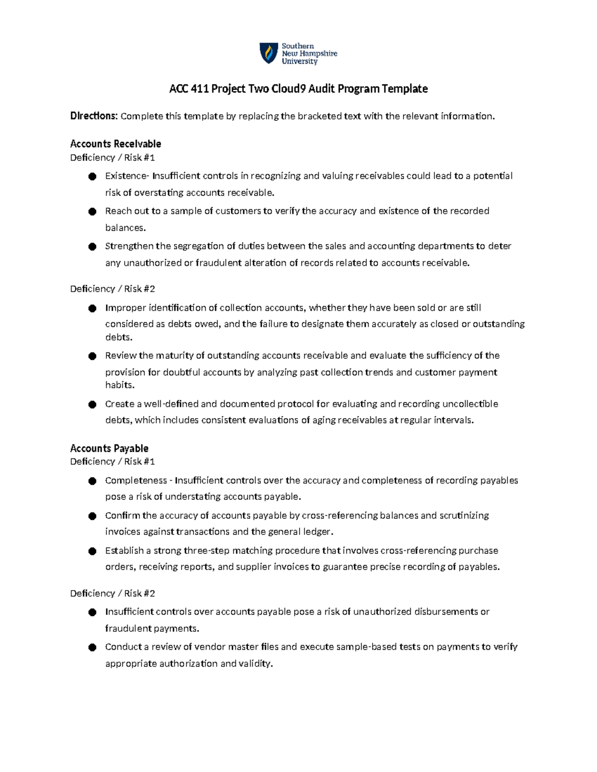ACC 411 Project Two Cloud 9 Audit Program Analysis and Recommendations ...