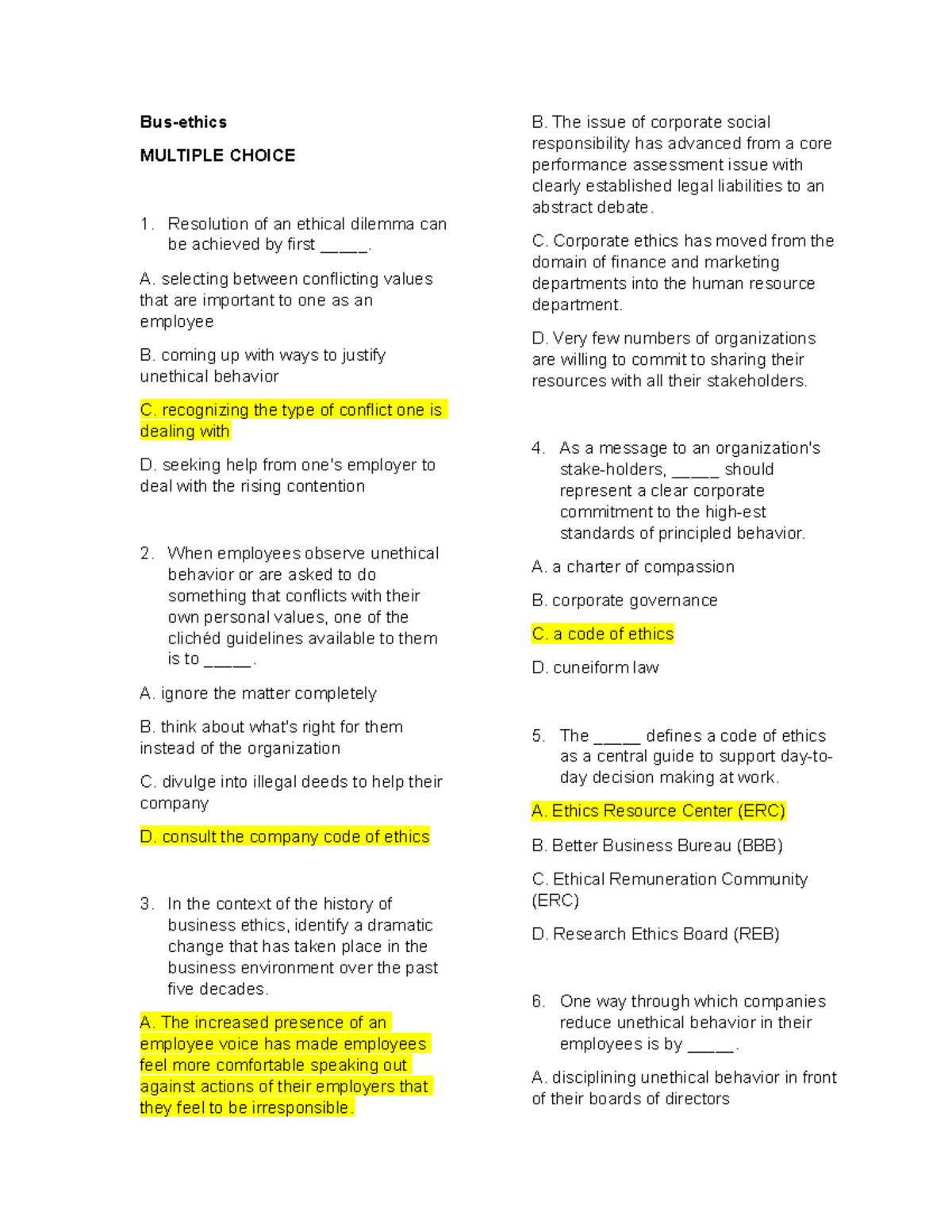 BUS Ethics - Bus-ethics MULTIPLE CHOICE Resolution of an ethical ...