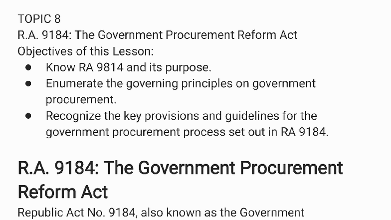 R.A. 9184: Understanding the Government Procurement Reform Act - Studocu