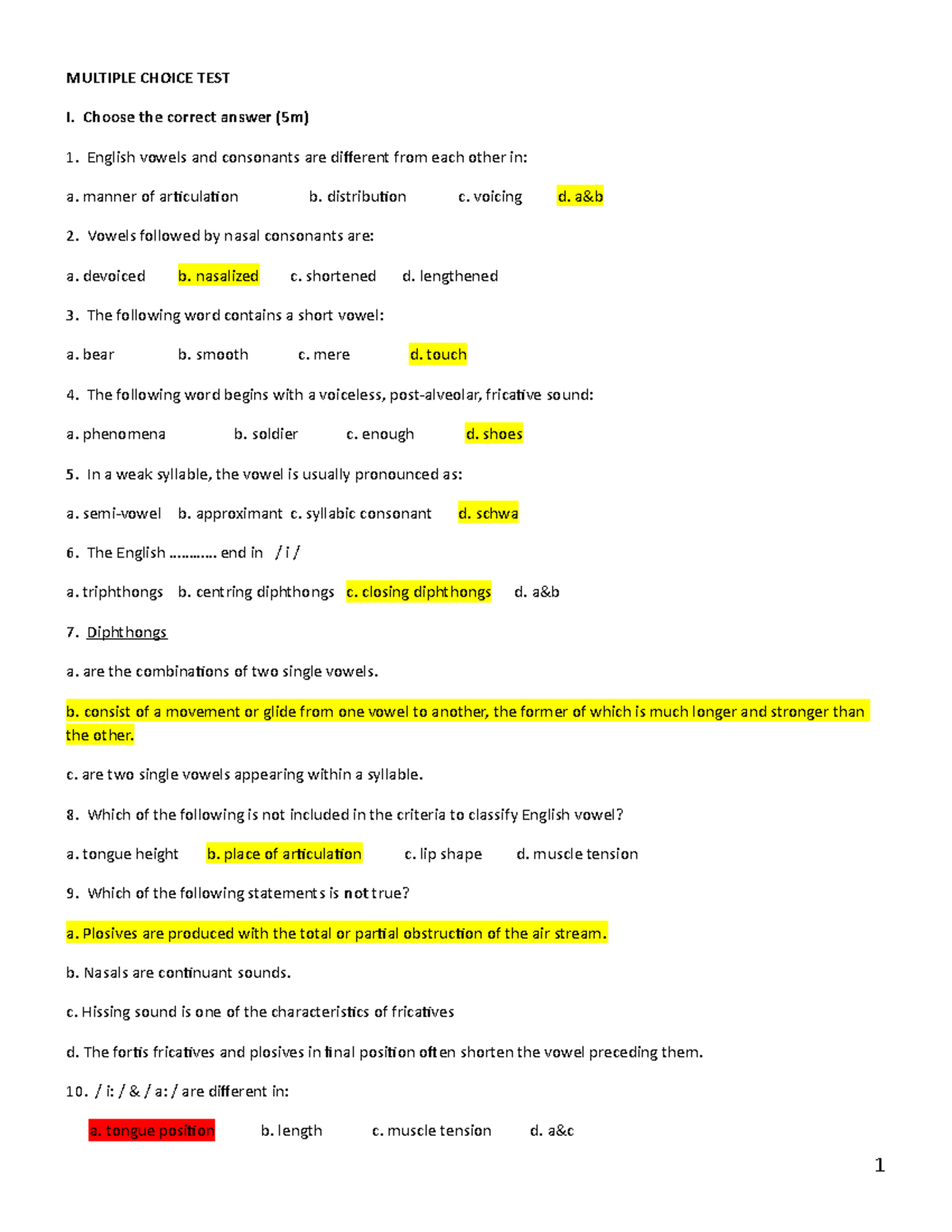 MC Test Practice: English Phonetics & Phonology Questions - Studocu