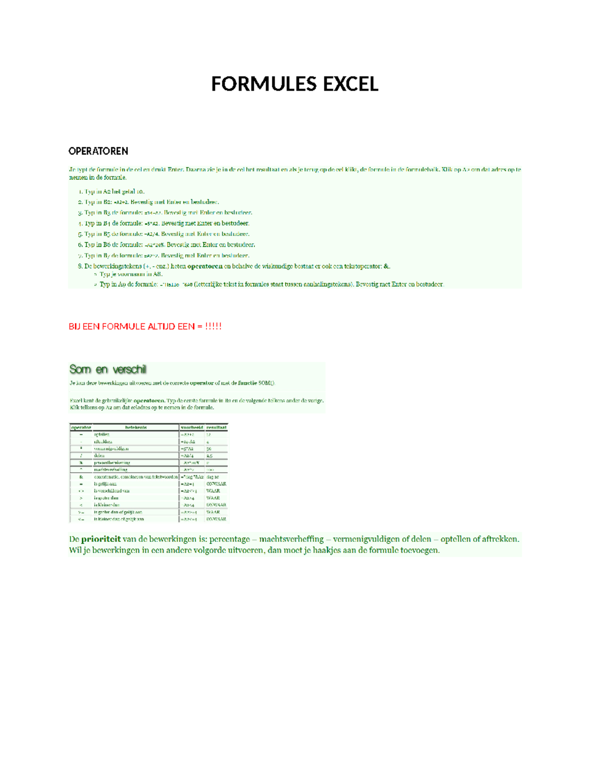 Formules Excel - FORMULES EXCEL OPERATOREN BIJ EEN FORMULE ALTIJD EEN ...