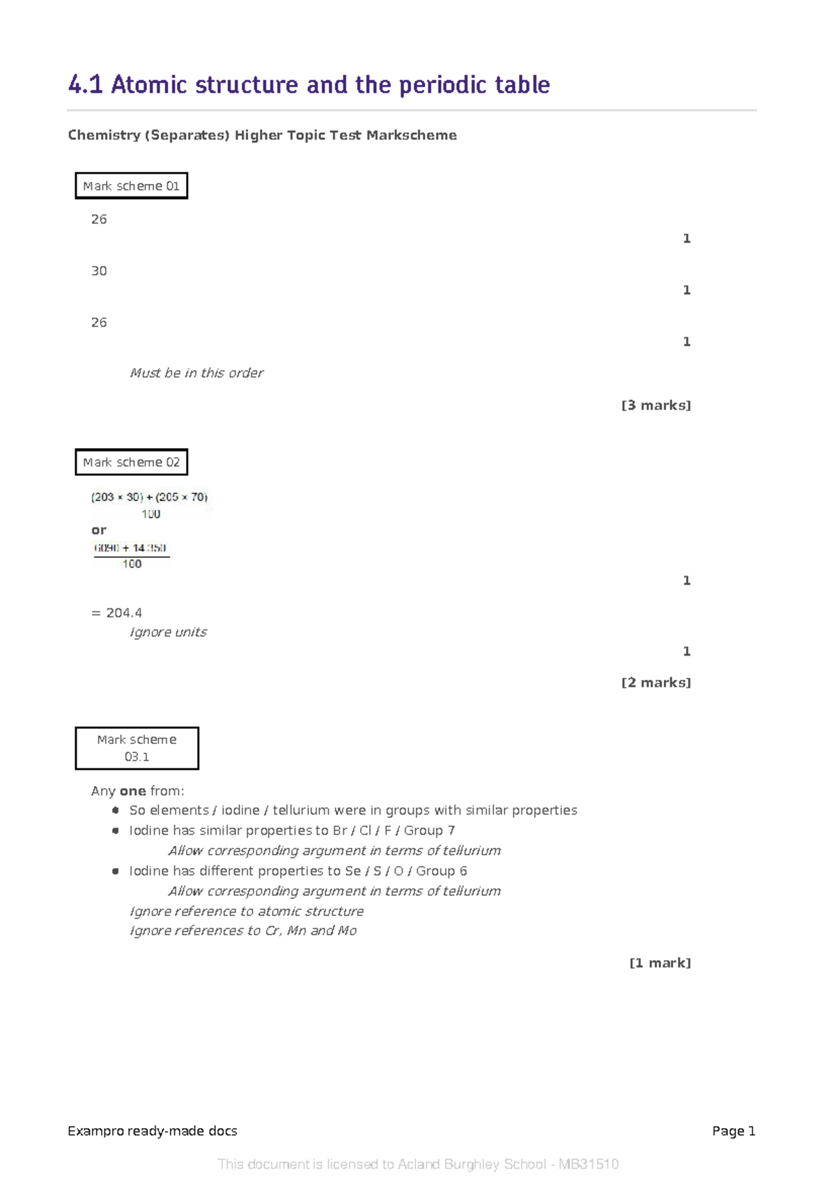 C1 Chemistry (Separates) Higher Topic Test Mark Scheme - Studocu