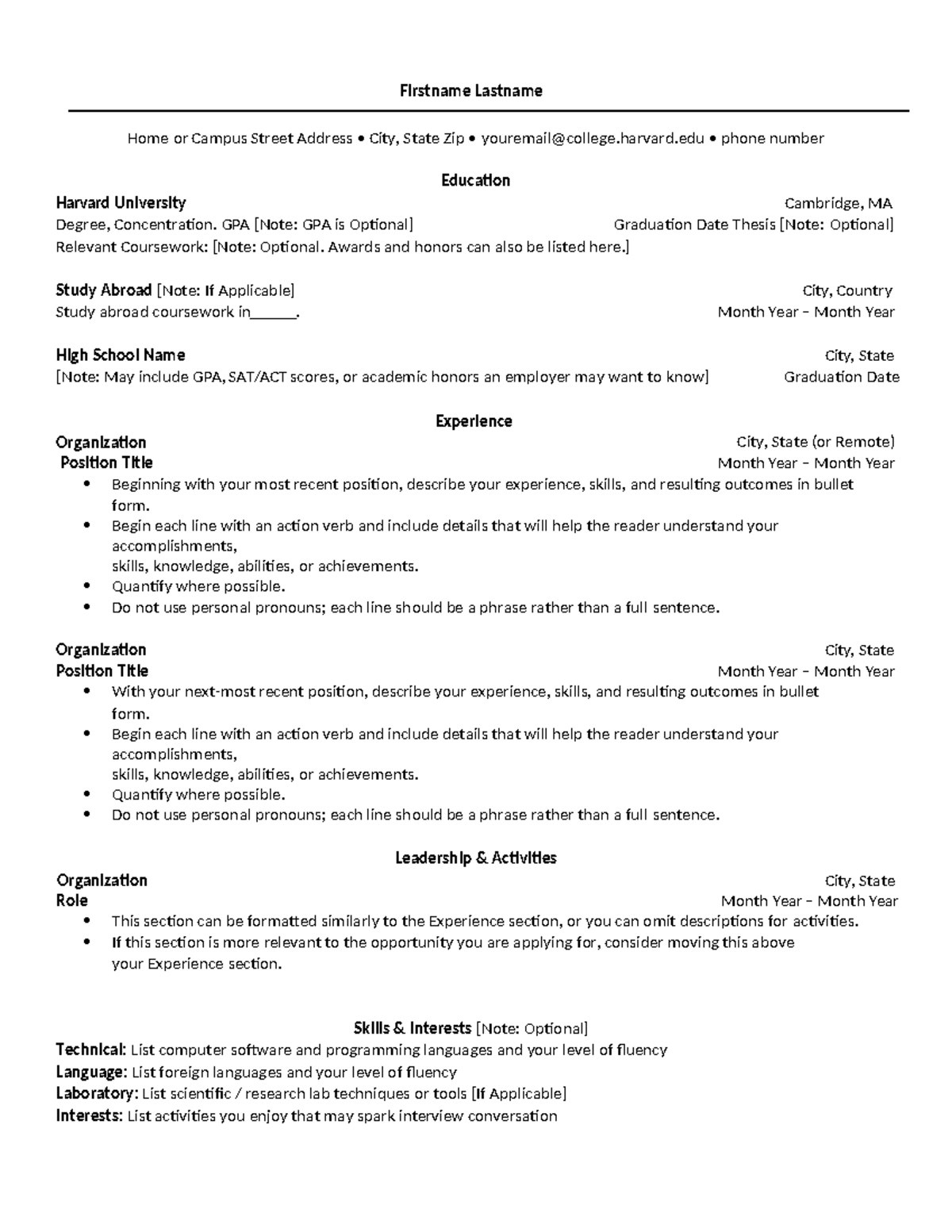 CV Template - Mẫu CV Harvard for Job Applications - Studocu