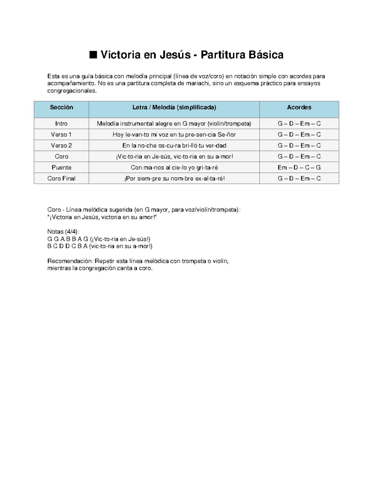 Victoria en Jesús: Guía Básica de Melodía y Acordes - Studocu