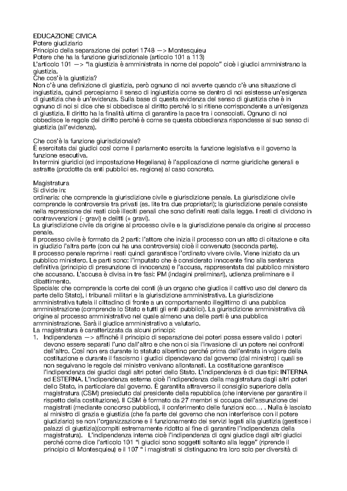 EDUCAZIONE CIVICA: Potere Giudiziario e Separazione dei Poteri - Studocu
