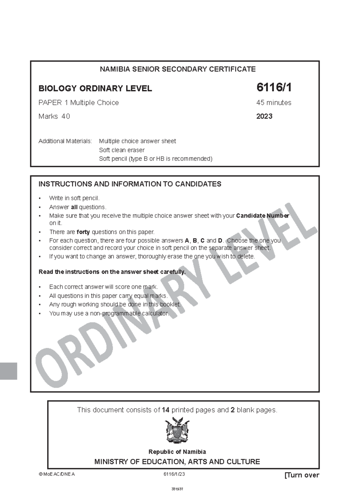 NSSC Biology O Level Paper 1 MCQ 2023 - 45 Min Exam - Studocu