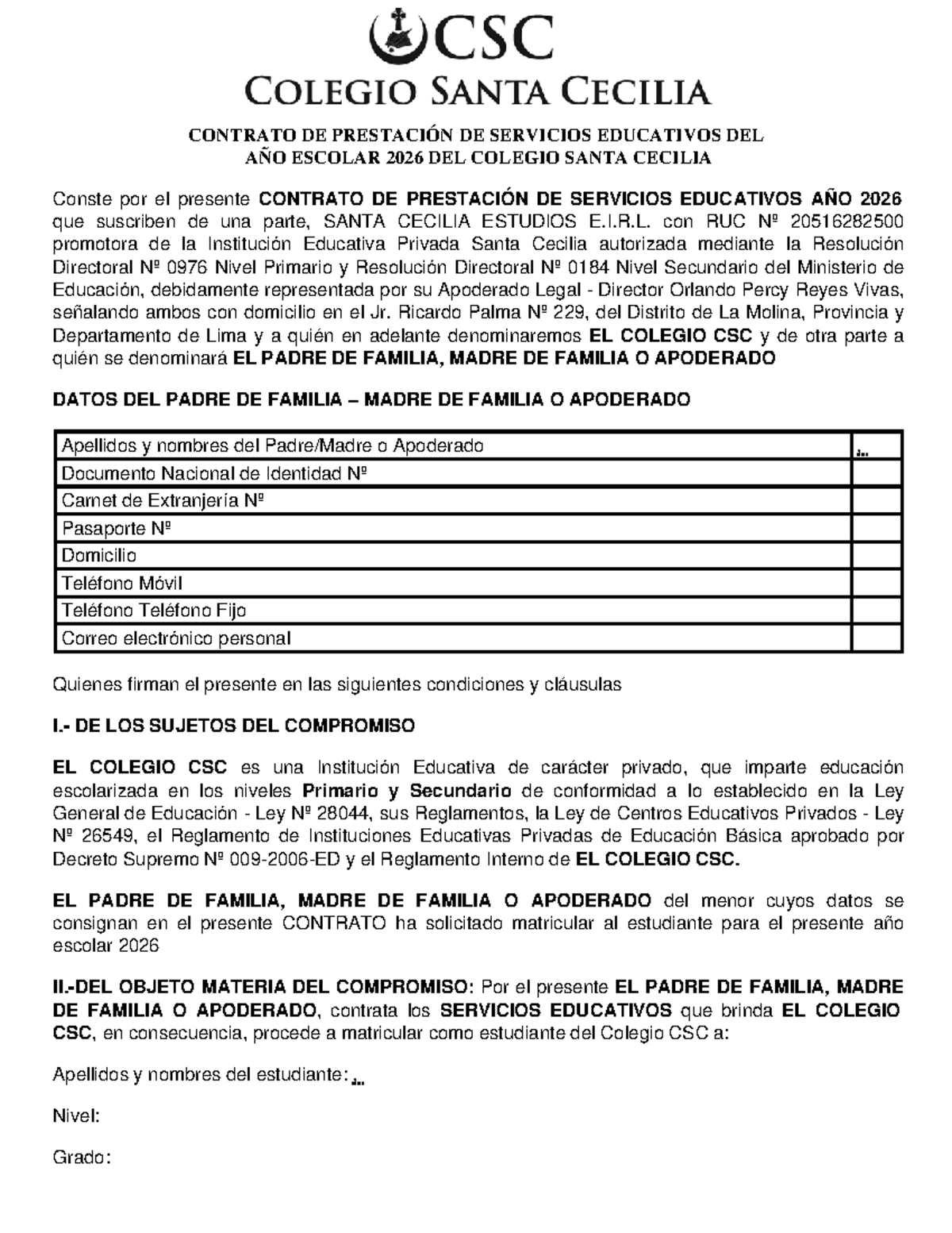 Contrato de Prestación de Servicios Educativos 2026 - Colegio Santa ...