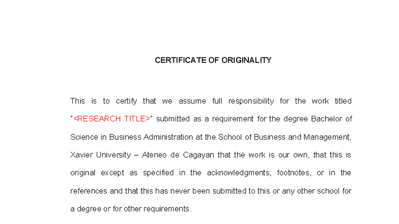 Certificate of Originality for BSBA Degree Submission - Studocu