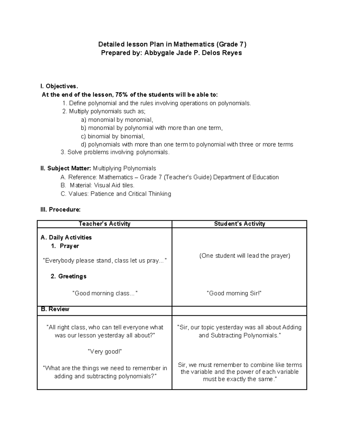 DLP in Math 7: Lesson Plan on Multiplying Polynomials - Studocu