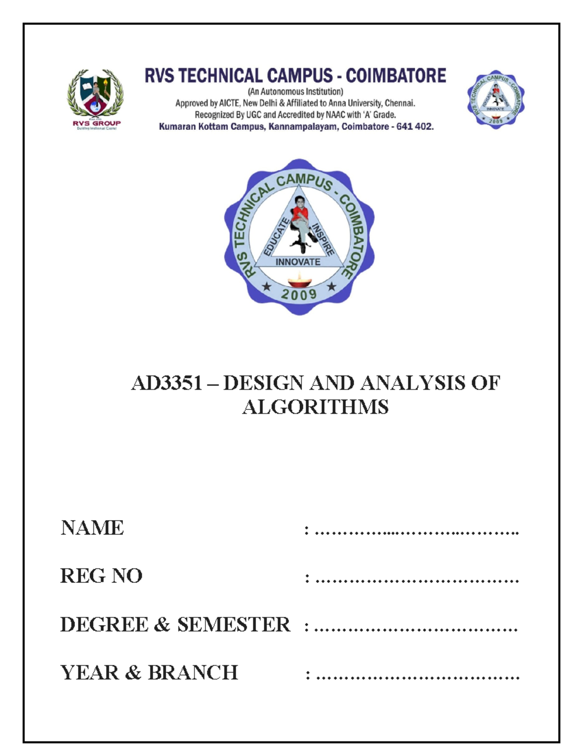 AD335I-DAA LAB Record - dfb - AD3351 – DESIGN AND ANALYSIS OF ...