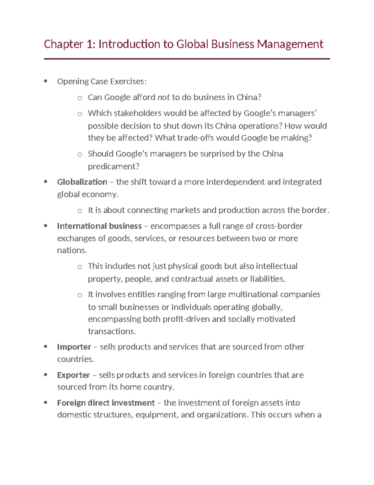 Chapter 1 Notes: Introduction to Global Business Management Concepts ...