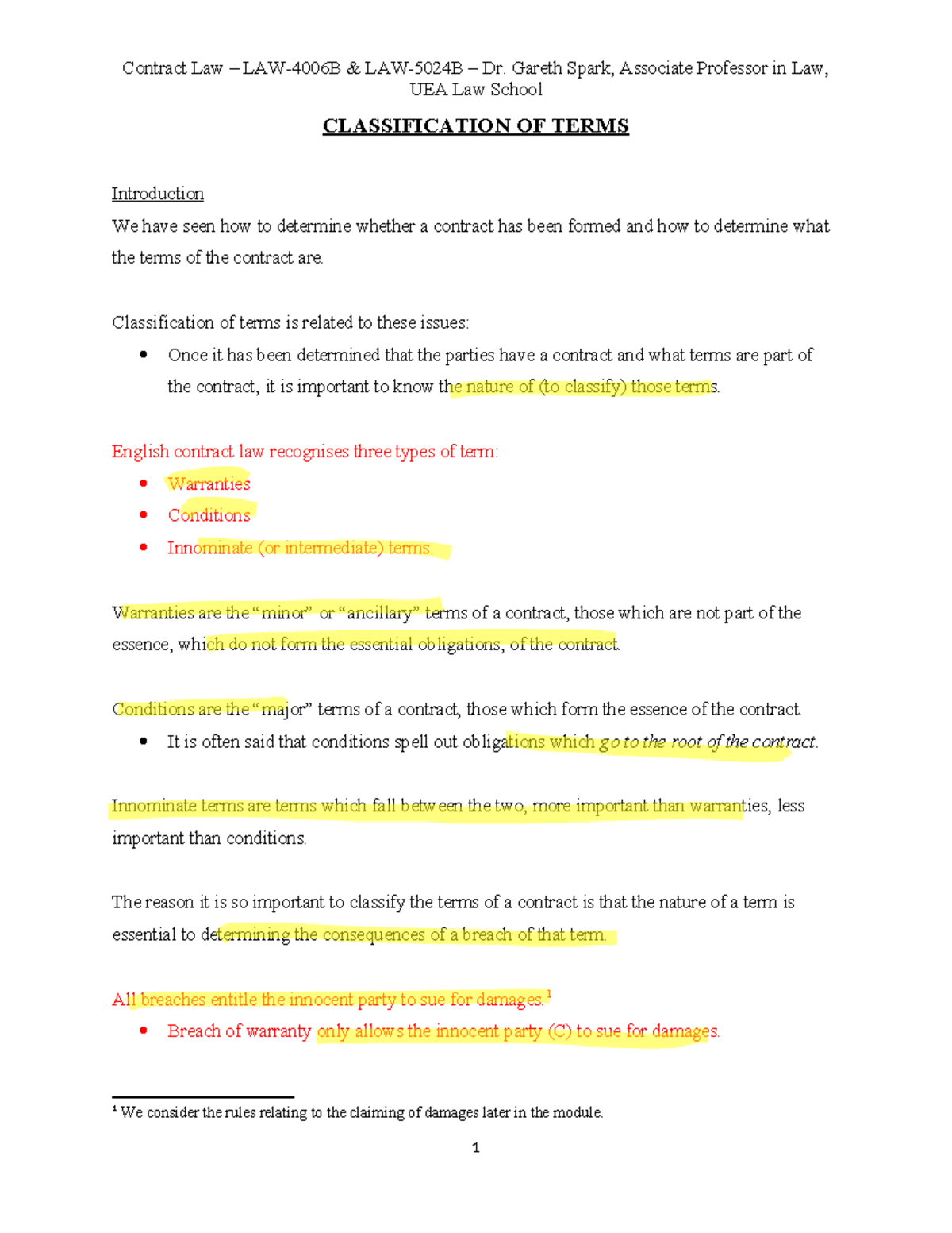 (UEA Law 6) Classification of Contract Terms: Conditions, Warranties ...