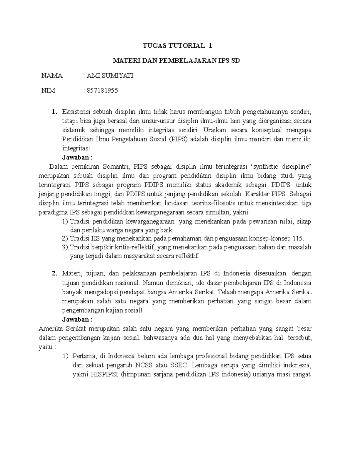 Tugas 1 Materi dan Pembelajaran IPS SD - Analisis Disiplin Ilmu dan Peran Sosial - Studocu